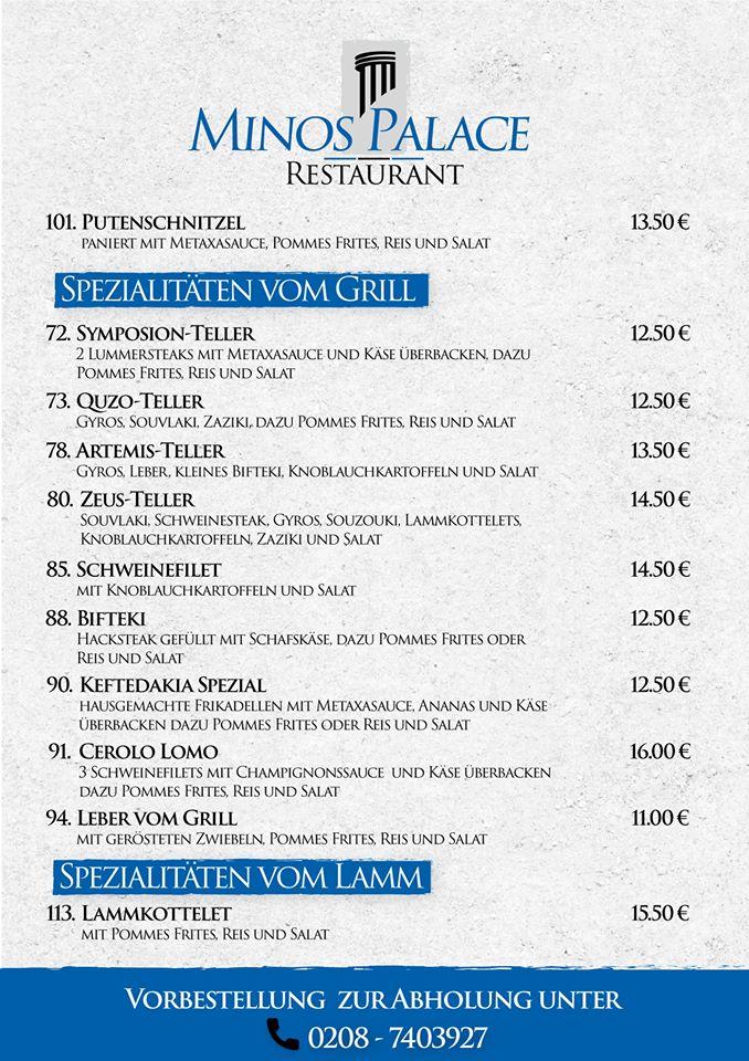 Menu at Minos Palace restaurant, Mülheim