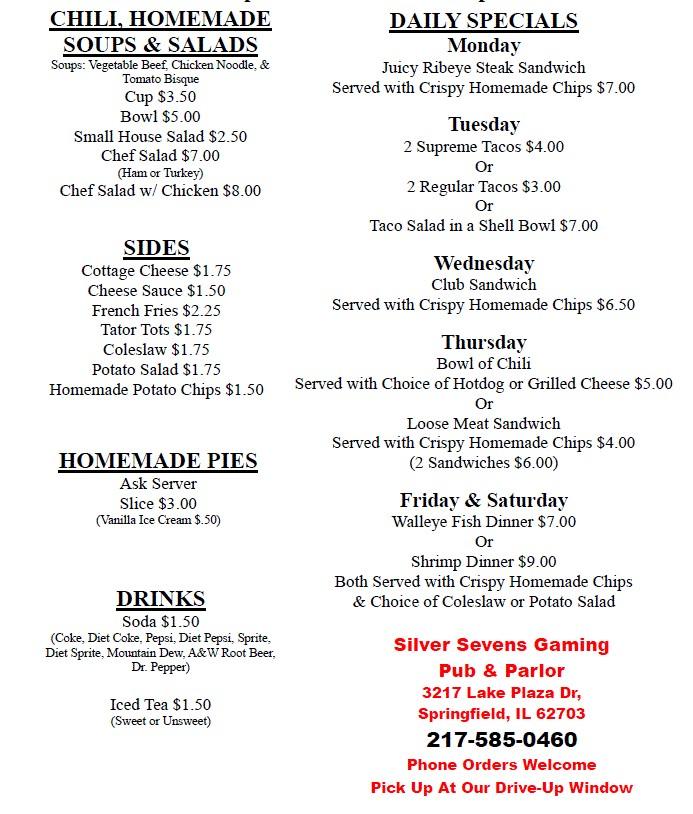 Menu at Silver Sevens Gaming Pub & Parlor, Springfield