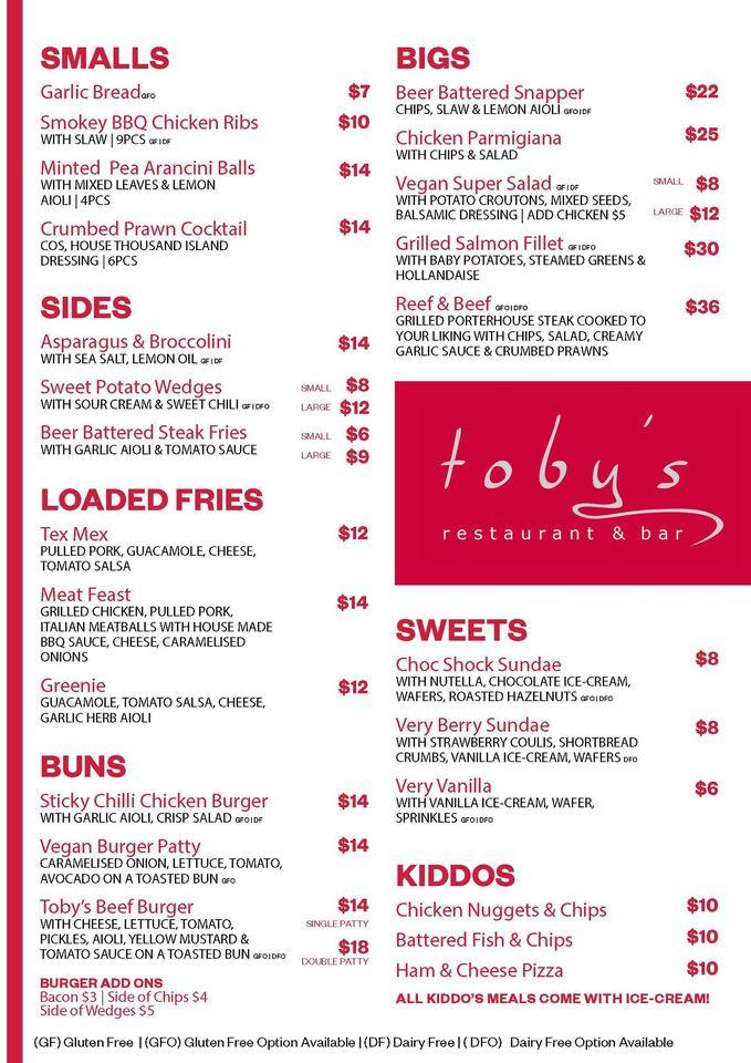 Carta de Toby's Restaurant & Bar, Marybrook