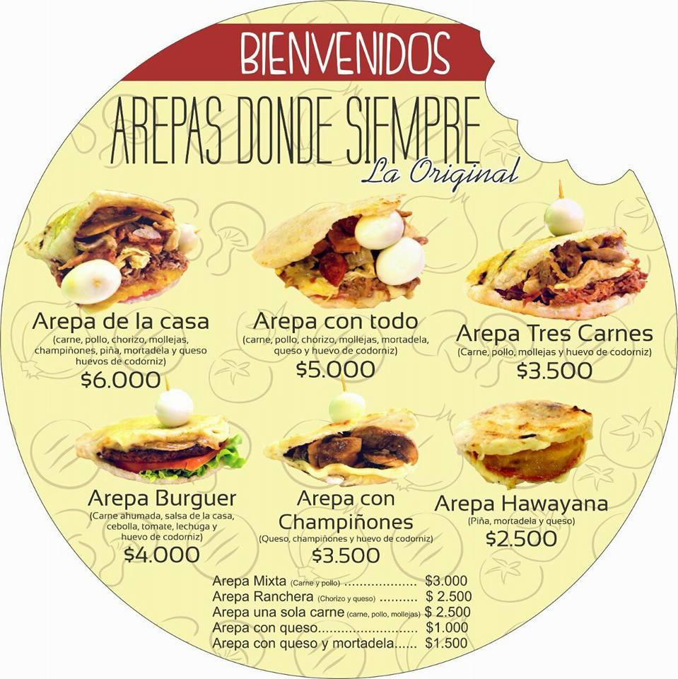 Menu at Arepas dónde siempre, Villanueva