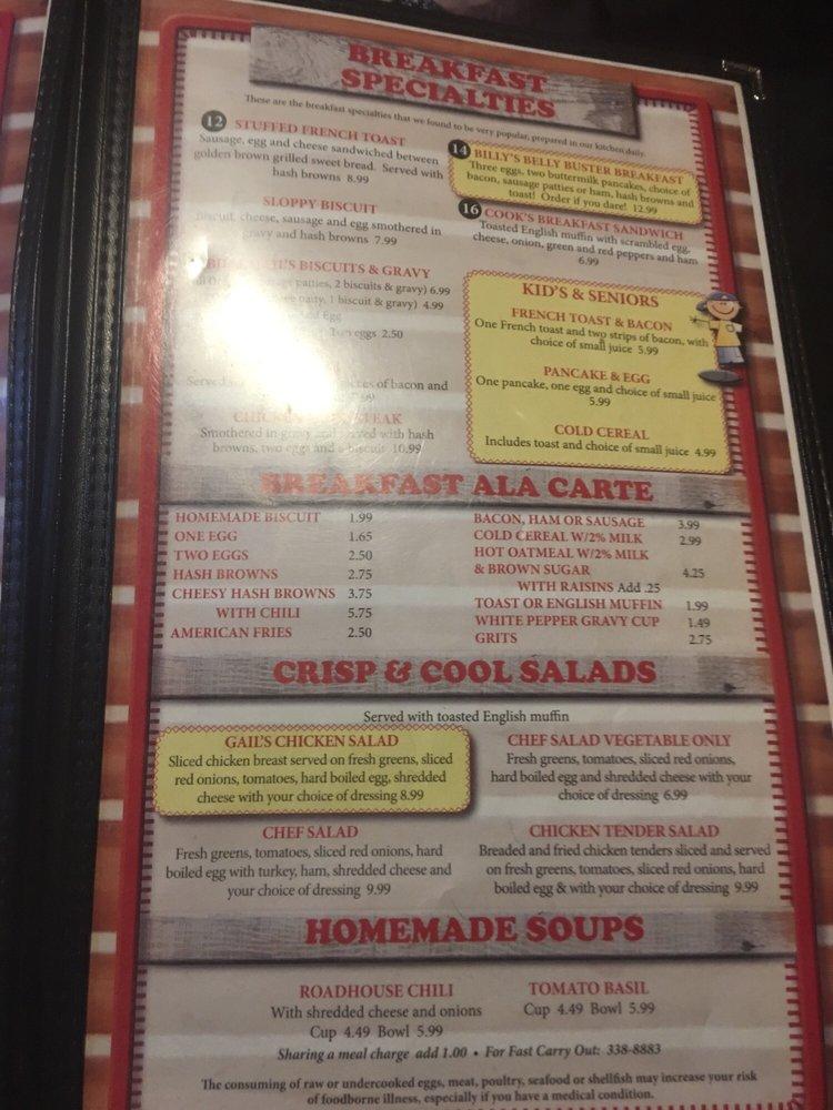 Menu at Billy Gail's cafe, Branson