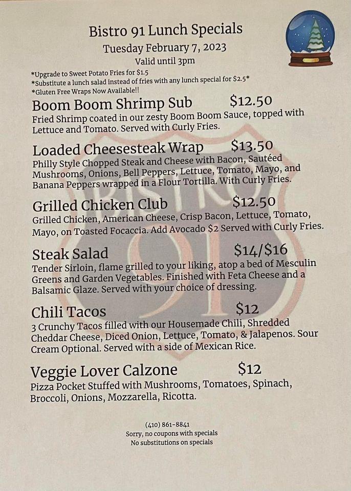 Menu at Bistro 91 pizzeria, Finksburg