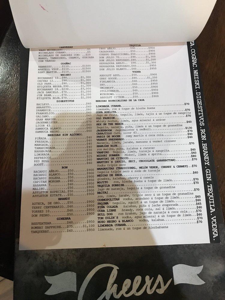 Carta de Restobar Cheers, Mazatlán