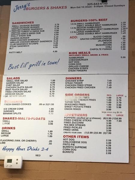Menu at Jerry's Burgers & Shakes restaurant, Early
