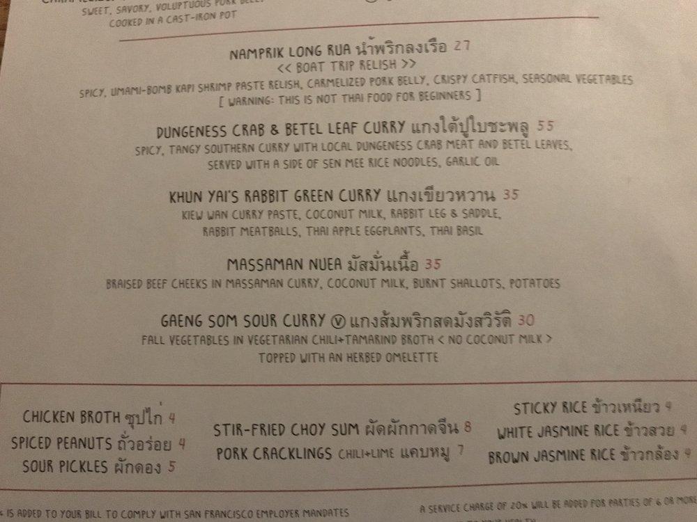 Menu at Kin Khao restaurant, San Francisco