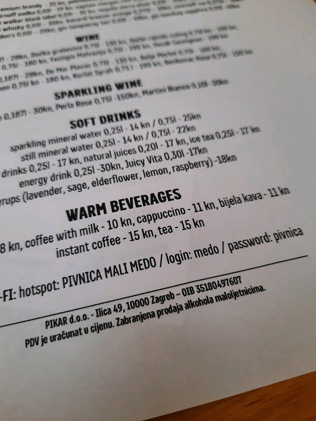 Menu da Mali Medo ristorante, Zagabria