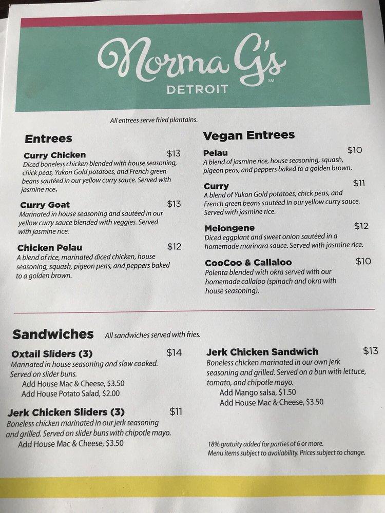 Menu at Norma G's Detroit restaurant, Detroit
