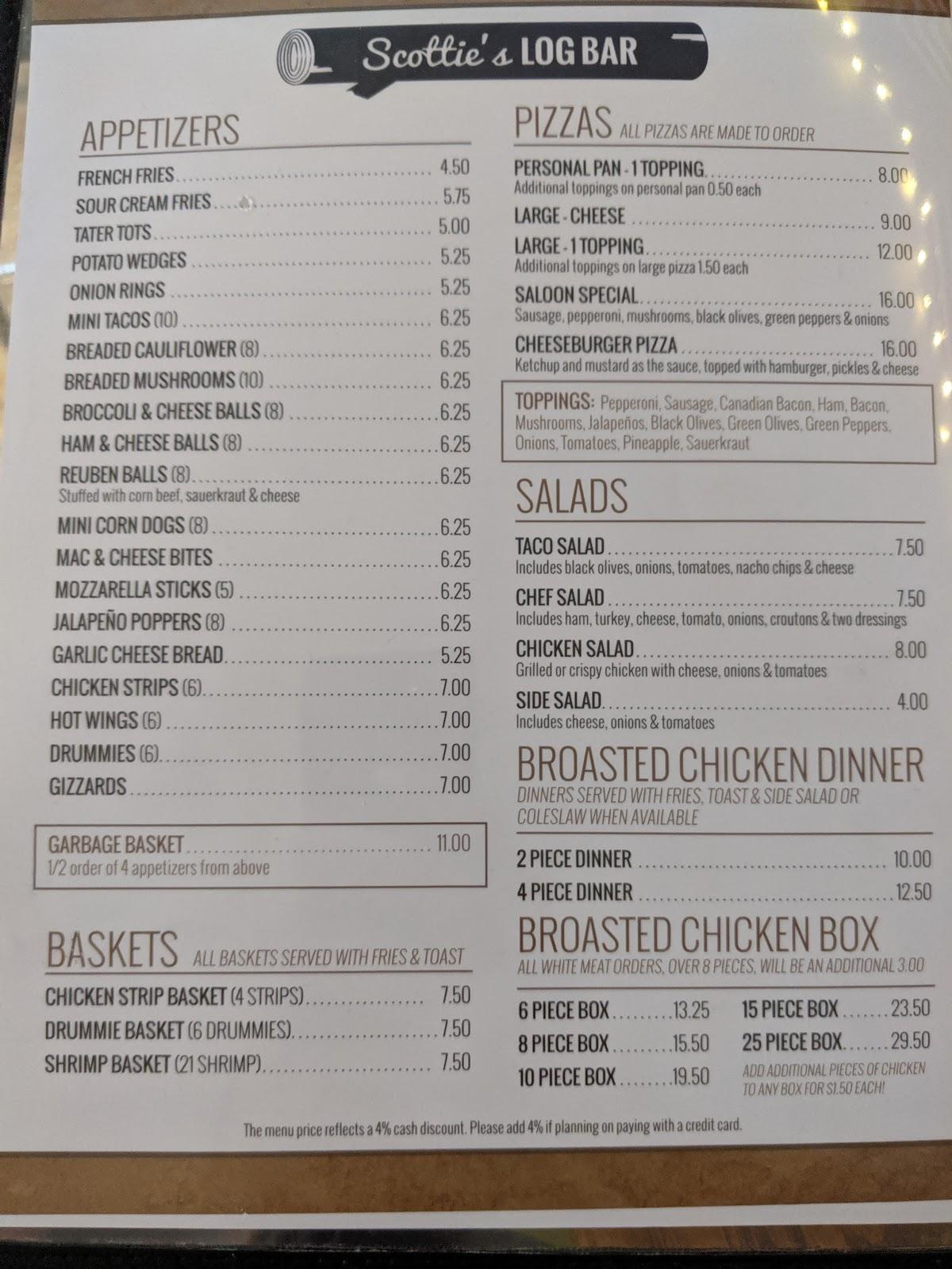 Menu at Scottie's Log Bar, Royalton