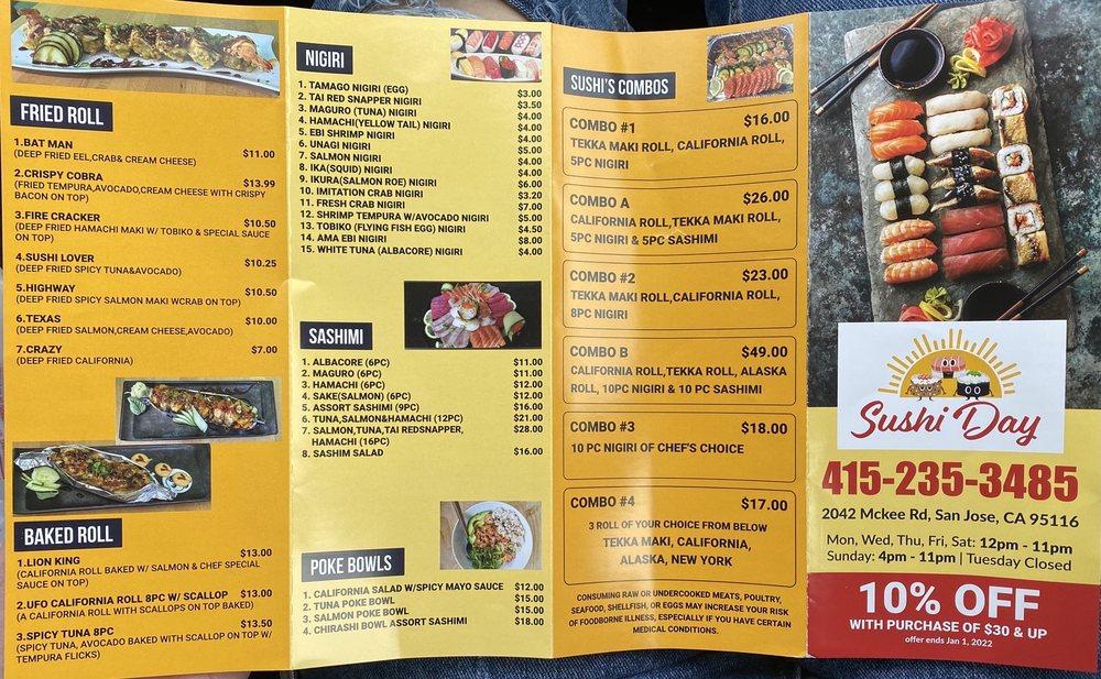 Menu at Sushi Day restaurant, San Jose