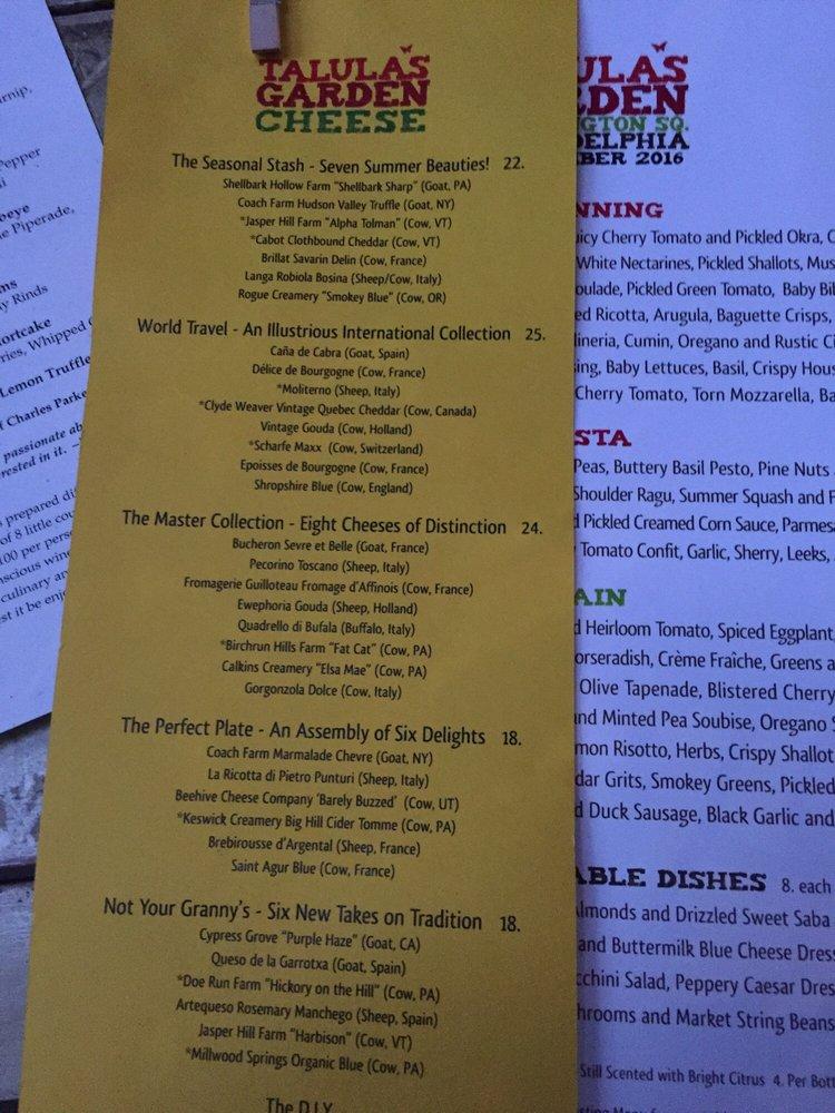 Menu at Talula's Garden restaurant, Philadelphia