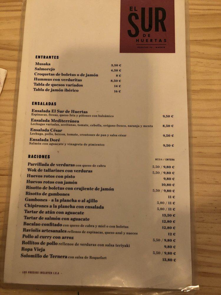 Menu at Taberna el Sur de Huertas restaurant, Madrid