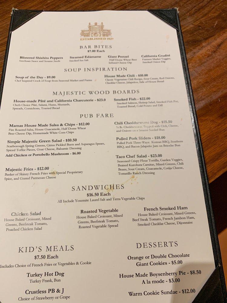 Menu at The Ahwahnee Dining Room pub & bar, Yosemite Valley