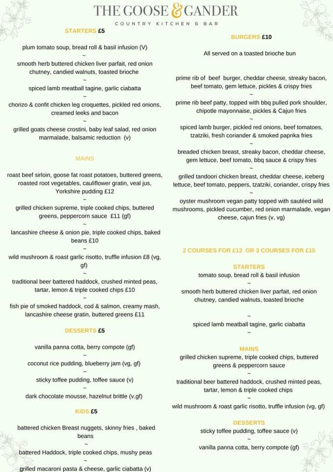 Menu at The Goose and Gander restaurant, Bolton