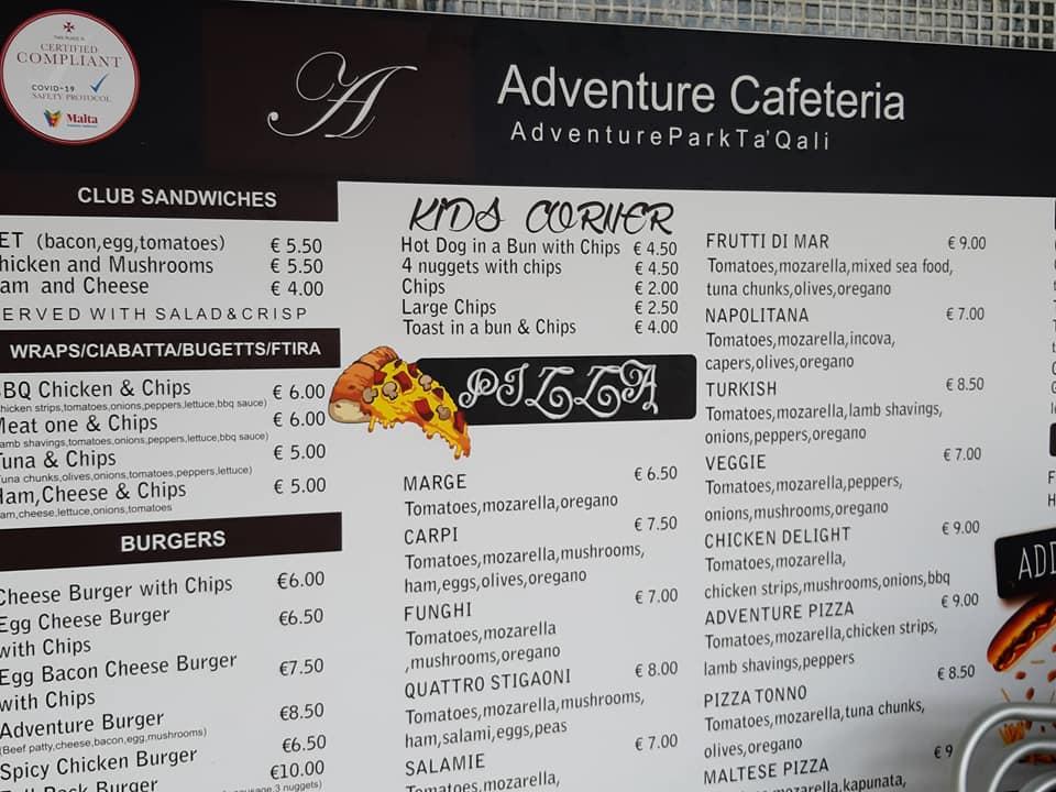 Menu at Adventure-cafeteria Ta Qali, Attard