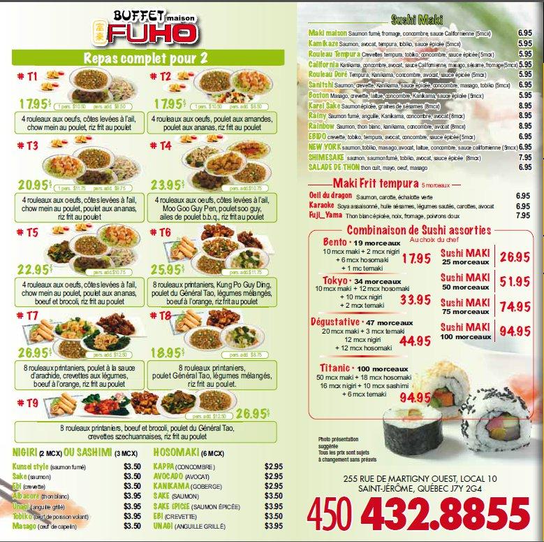 Menu at Buffet Fuho restaurant, Saint-Jérôme