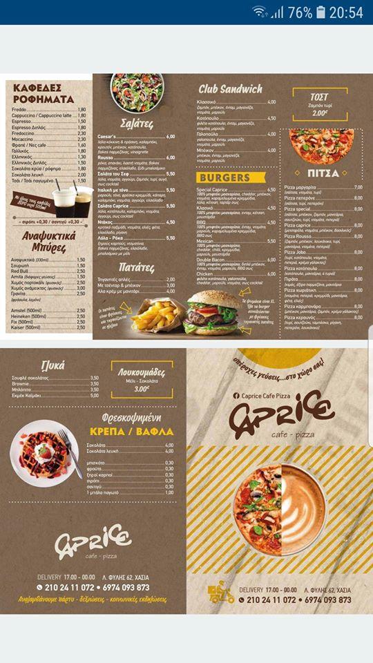 Menu at Caprice cafe, Fili