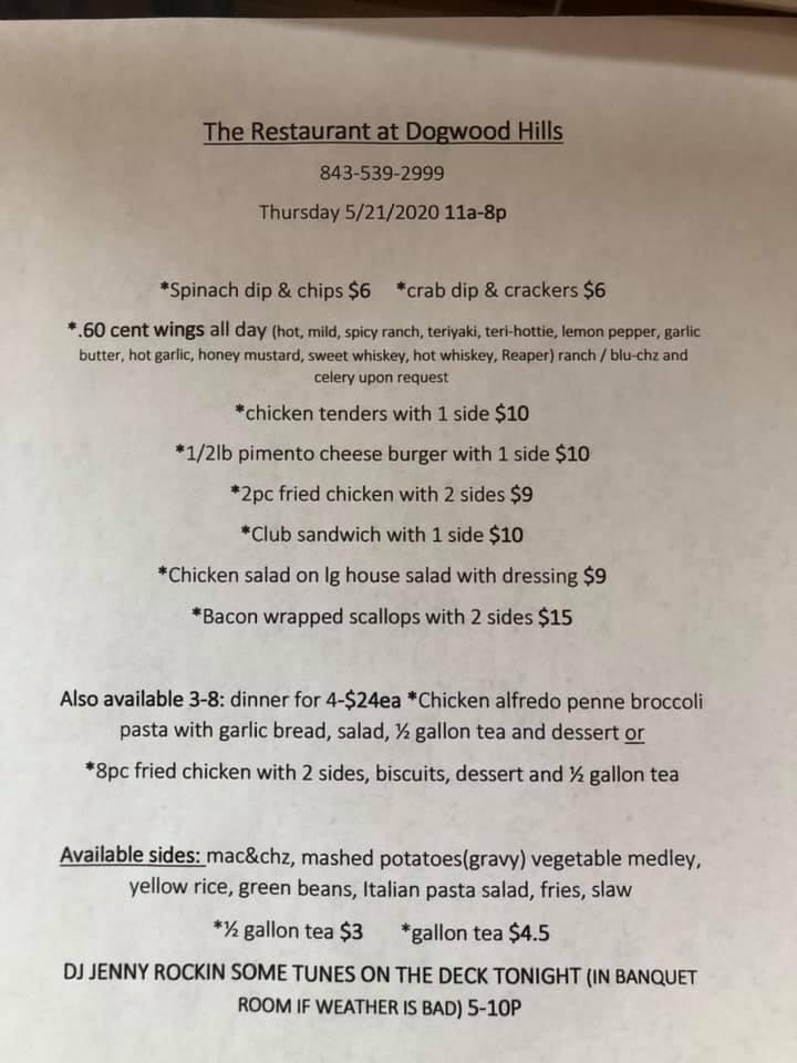 Menu at Dogwood Hills Golf Course restaurant, Walterboro