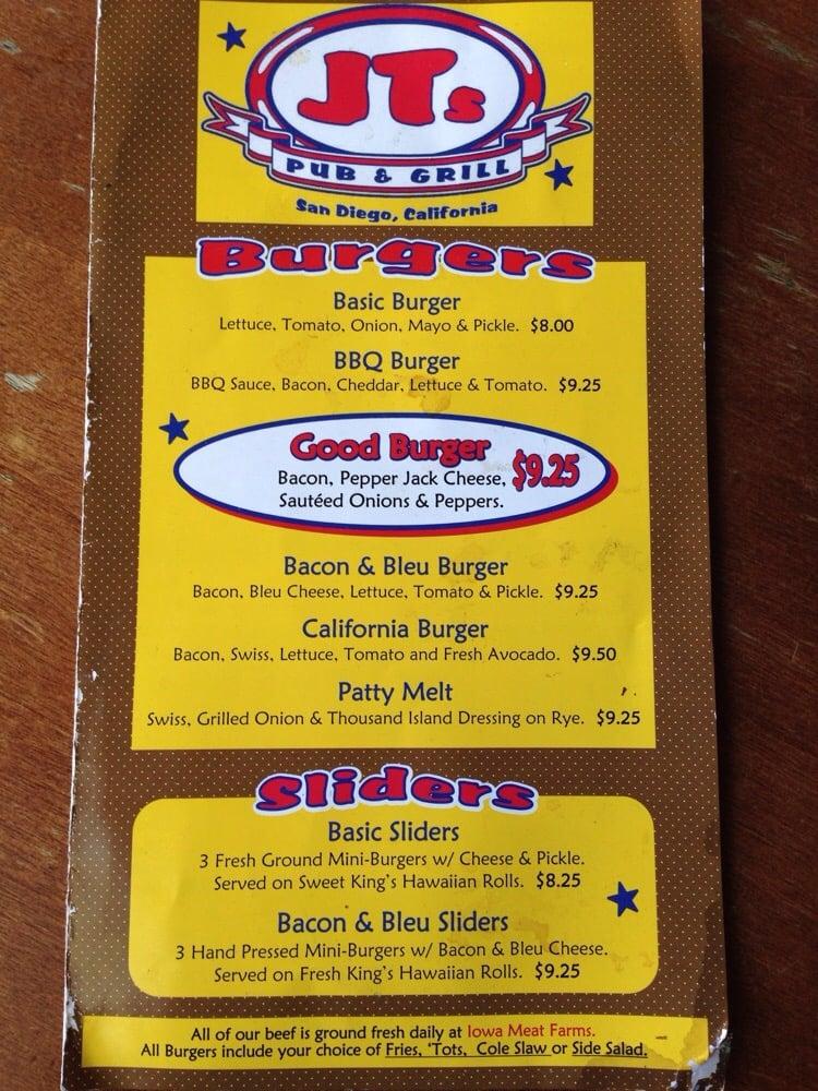 Menu at JT's Tavern pub & bar, San Diego