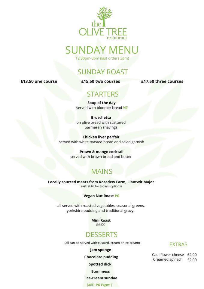 Menu at The Olive Tree restaurant, Pyle