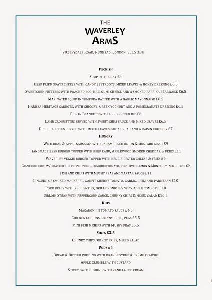 Carta del pub y bar The Waverley Arms, Londres, 202 Ivydale Rd