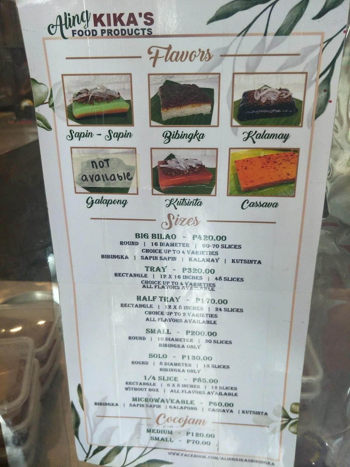 Menu at Aling Kika's Food Products restaurant, Cainta
