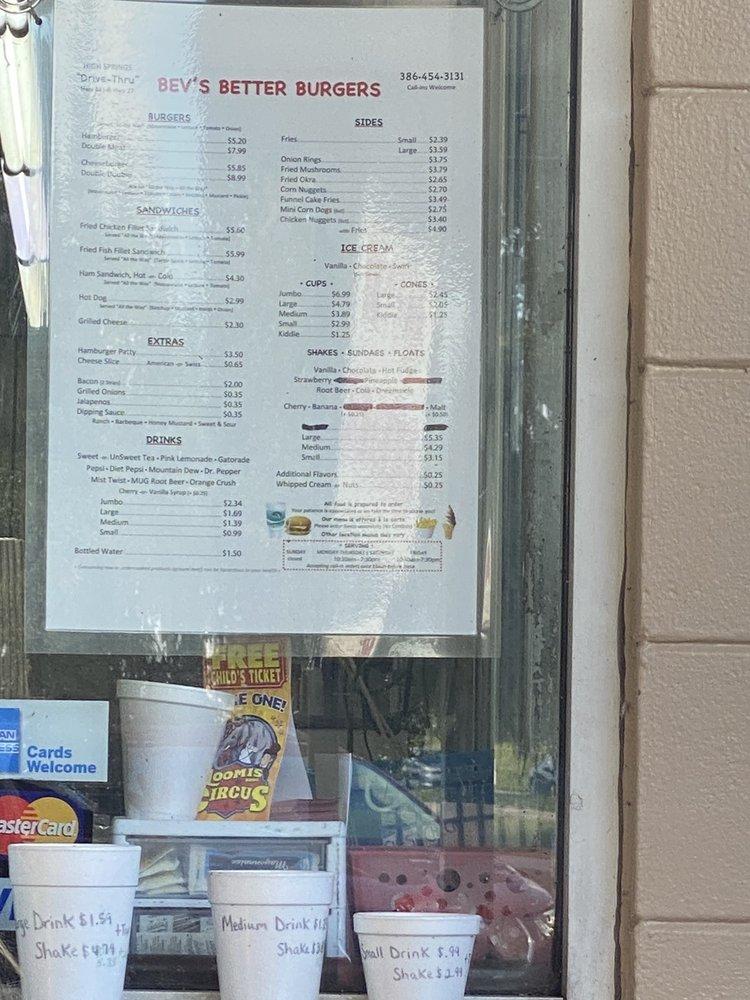 Menu at Bev's Burger Café BBQ, High Springs, NW US Hwy 441