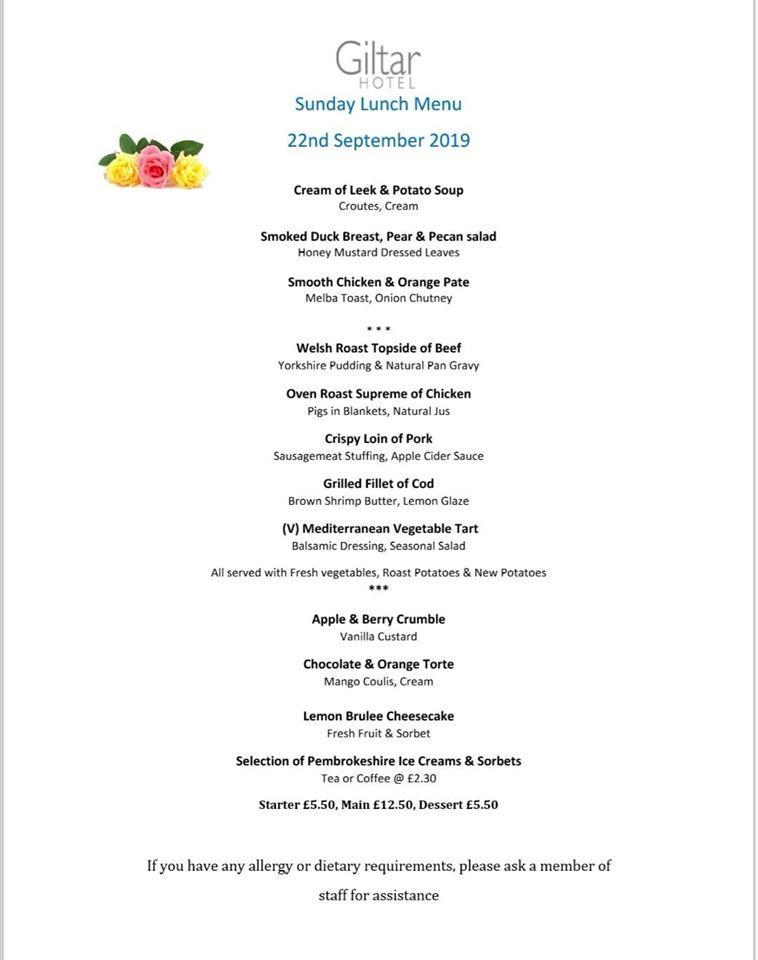 Menu at Giltar Hotel restaurant, Tenby