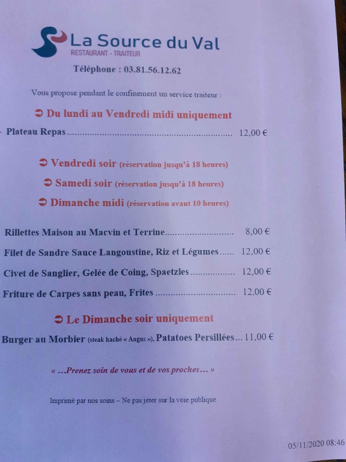 Menu au La Source du Val restaurant, Pierrefontaine-les-Varans