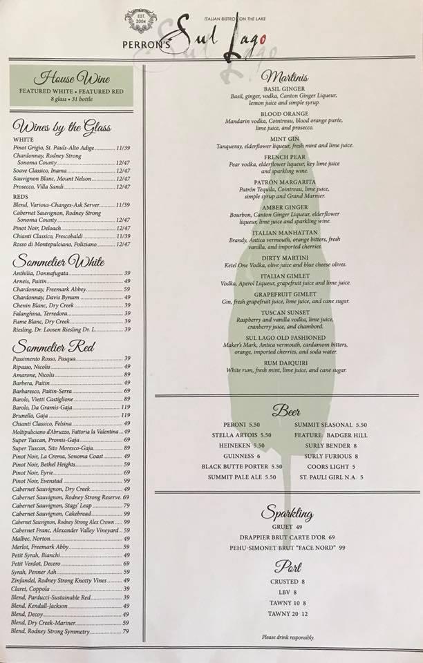 Menu at Perron's Sul Lago pub & bar, Prior Lake