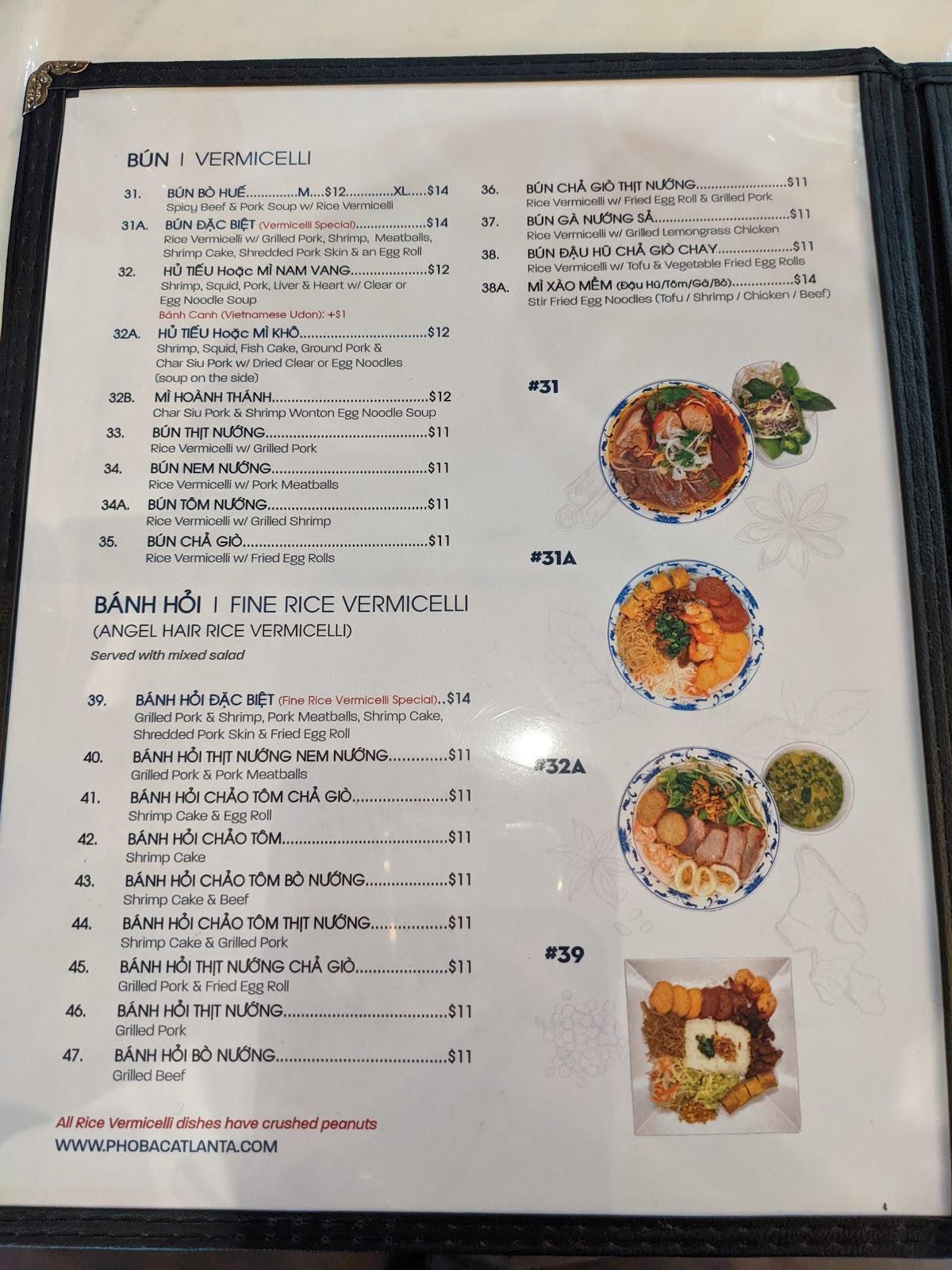 Menu at Pho Bac Vietnamese Restaurant, Duluth