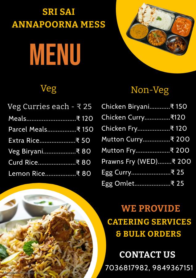 Menu at Sri Sai Annapoorna Mess, Hyderabad