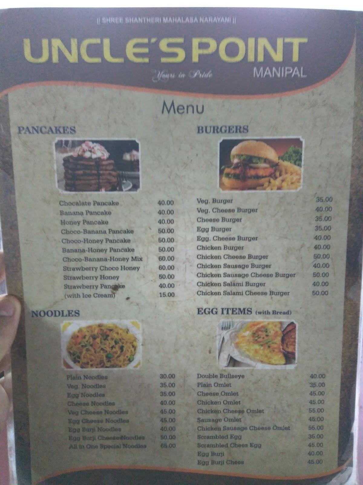 Menu at Uncle's Point, Manipal, Saralebettu Rd