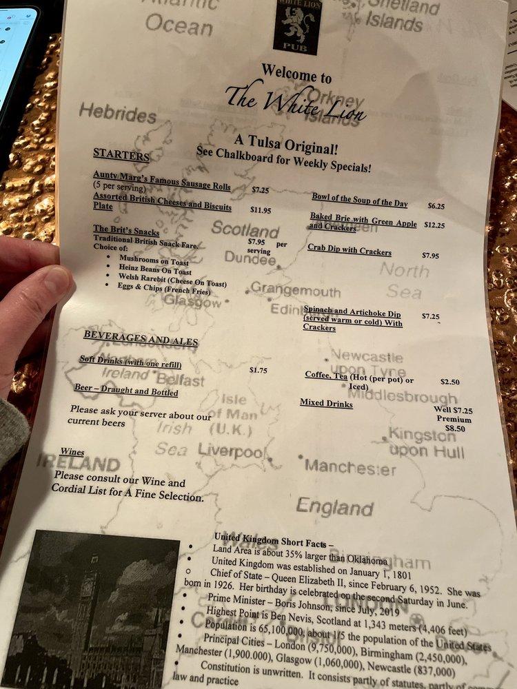 Menu at White Lion Pub, Tulsa, S Canton Ave