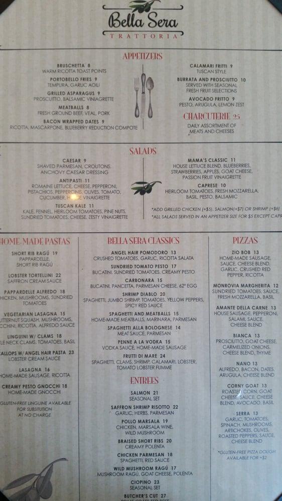 Menu at Bella Sera Trattoria pub & bar, Monrovia