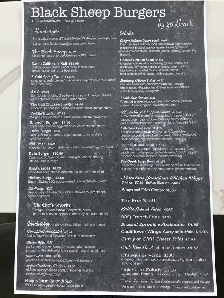 Menu at Black Sheep Burgers restaurant, Los Angeles