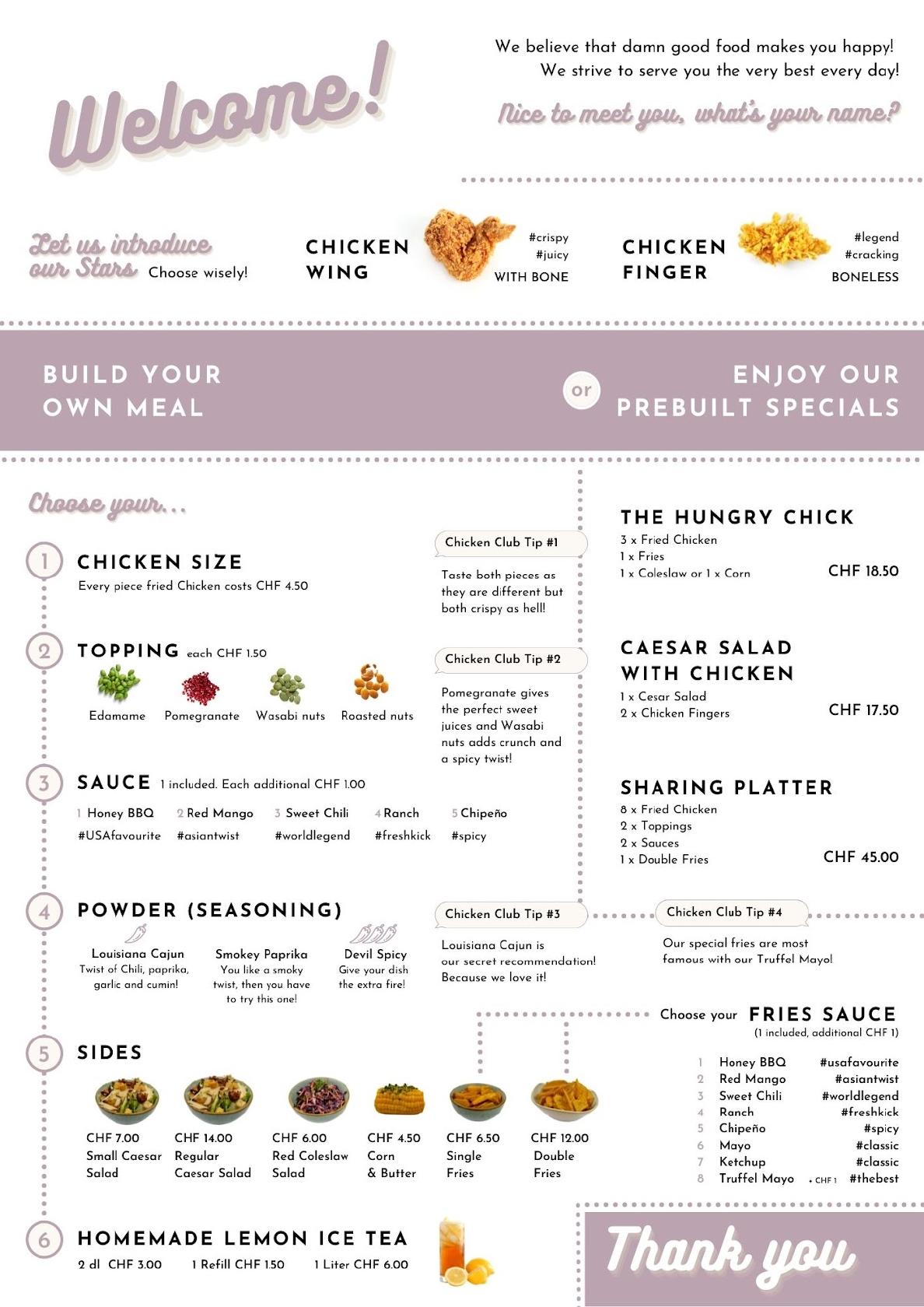 Menu da Chicken Club, Zugo