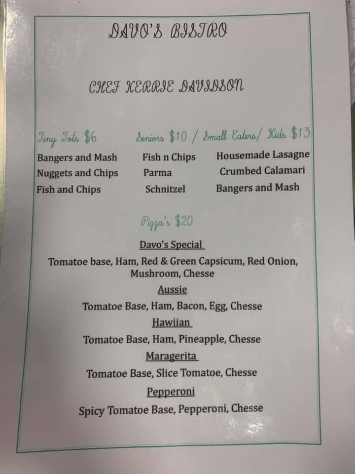 Menu at Davo’s Bistro restaurant, Terang