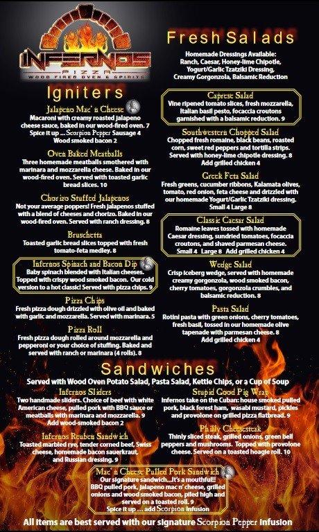 Menu at Inferno's Wood Fired Oven & Spirits pizzeria, New Braunfels