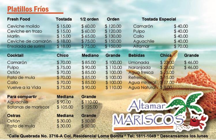Menu at Mariscos Altamar steakhouse, Zapopan