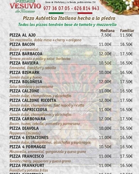 Menu at Pizzeria Vesuvio, Cambrils