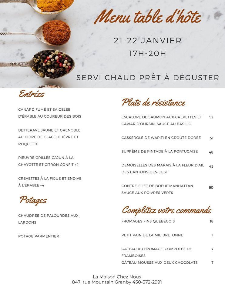 Menu au La Maison Chez Nous restaurant, Granby
