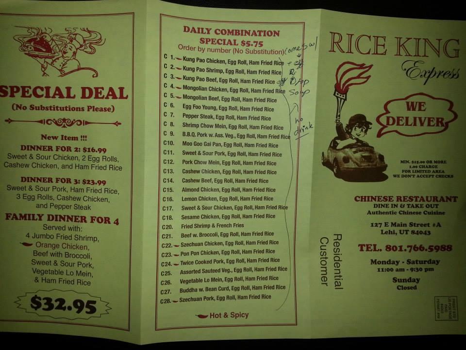 Menu at Rice King Express restaurant, Lehi