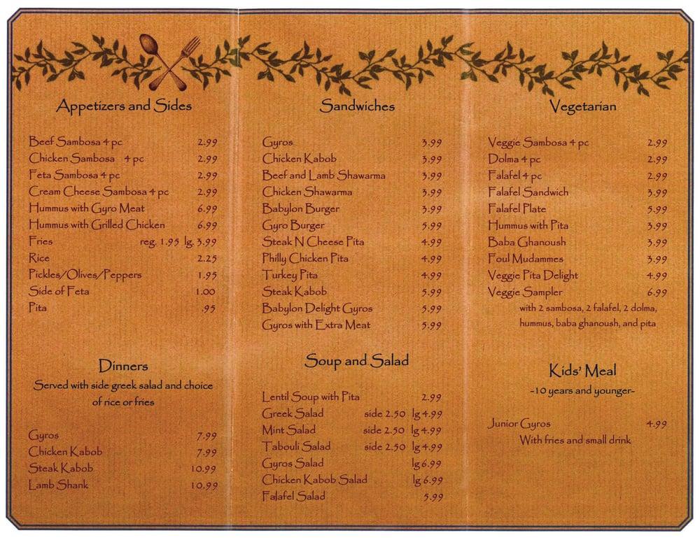 Menu at Babylon Gyros restaurant, Richmond