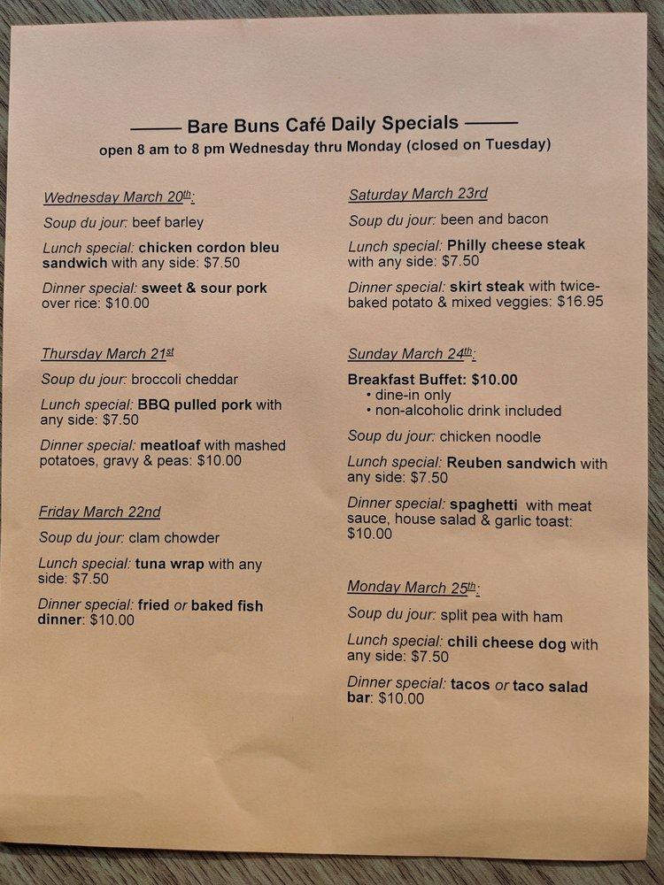 Menu at Bare Buns Cafe, Lutz