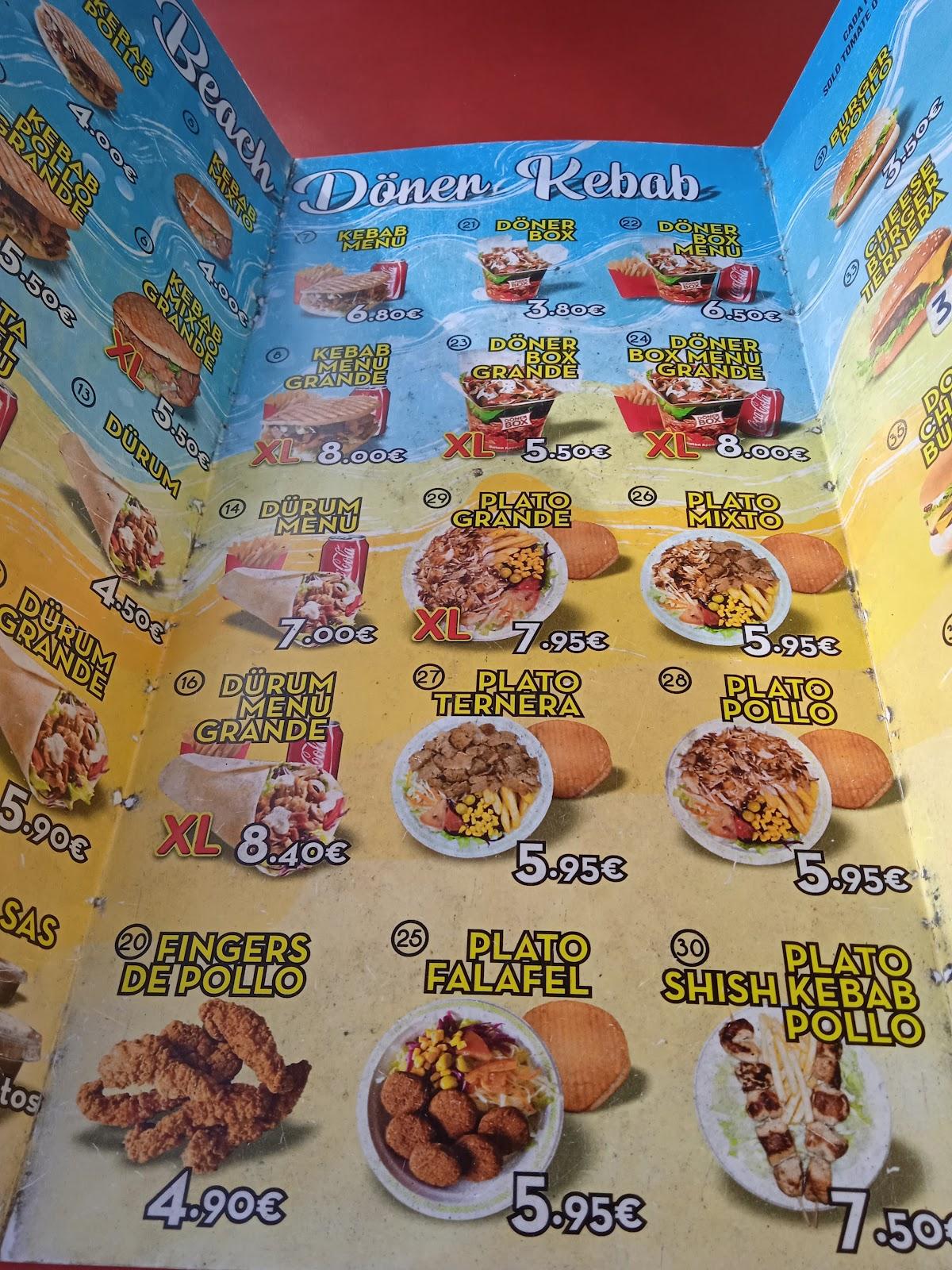 Menu at Beach Doner Kebab restaurant, Lloret de Mar