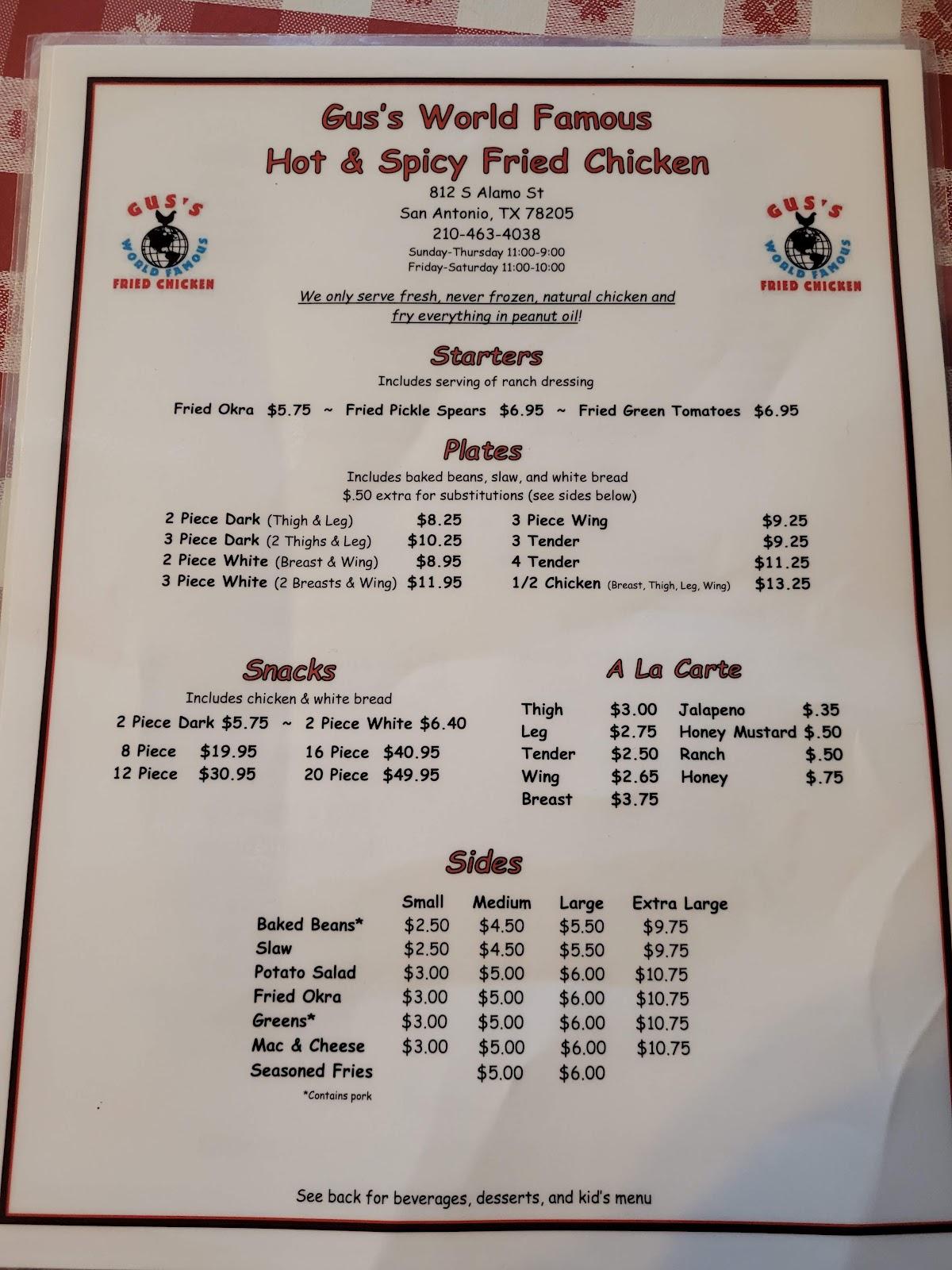 Carta del restaurante Gus’s World Famous Fried Chicken, San Antonio