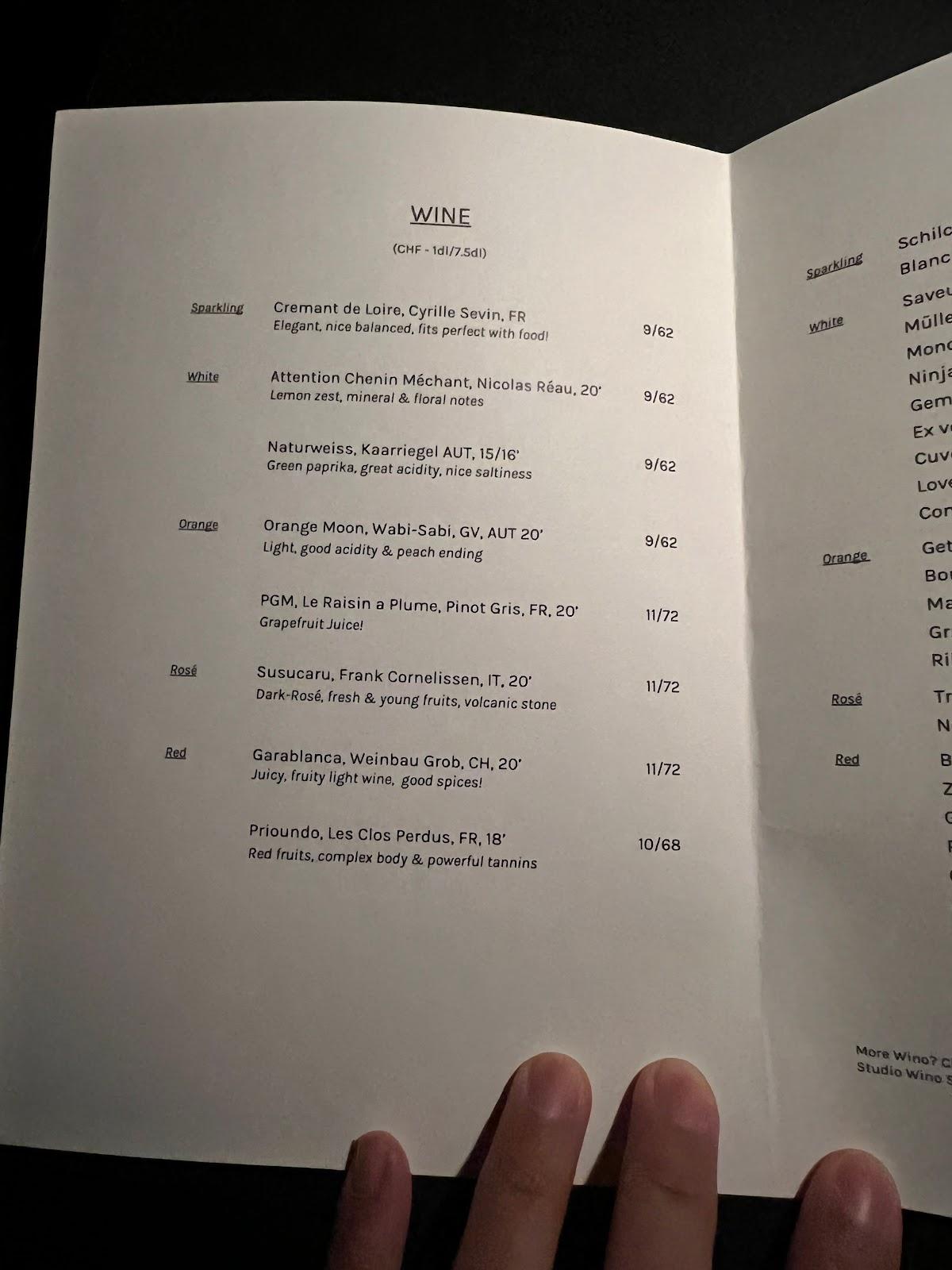 Menu at KIN, Zürich