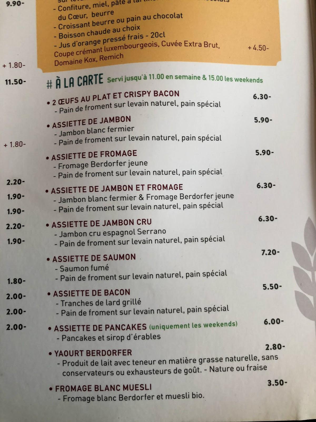 Carta del restaurante La Table du Pain, Luxemburgo, 19 Av. Monterey