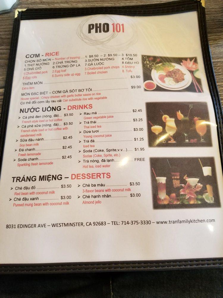 Menu at Pho 101 restaurant, Westminster, Edinger Ave