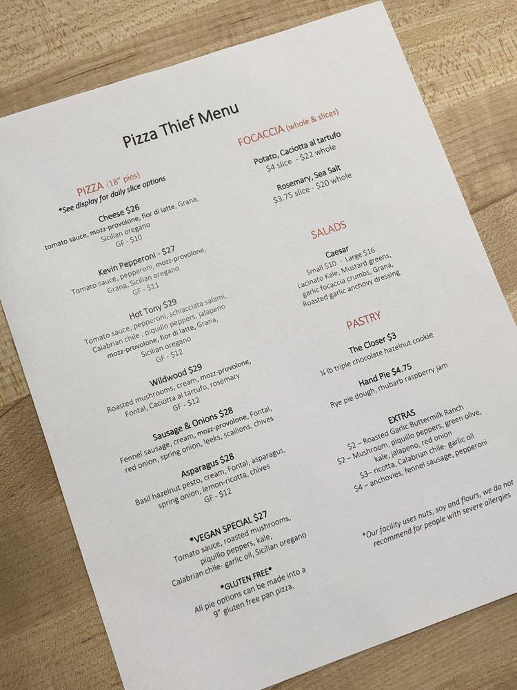 Menu at Pizza Thief pizzeria, Portland